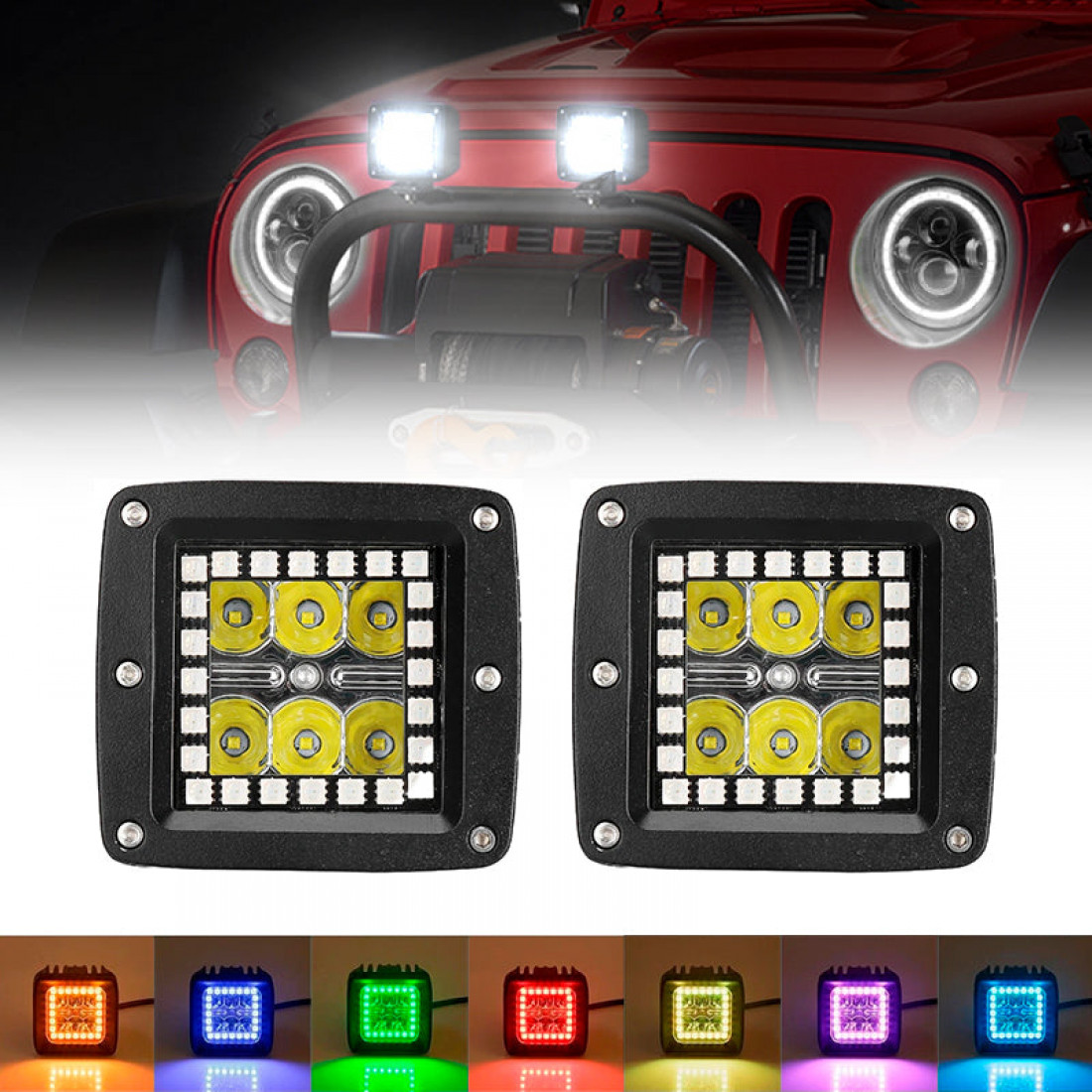 3" 18w square led pods work light bars with rgb halo for off-road truck ...