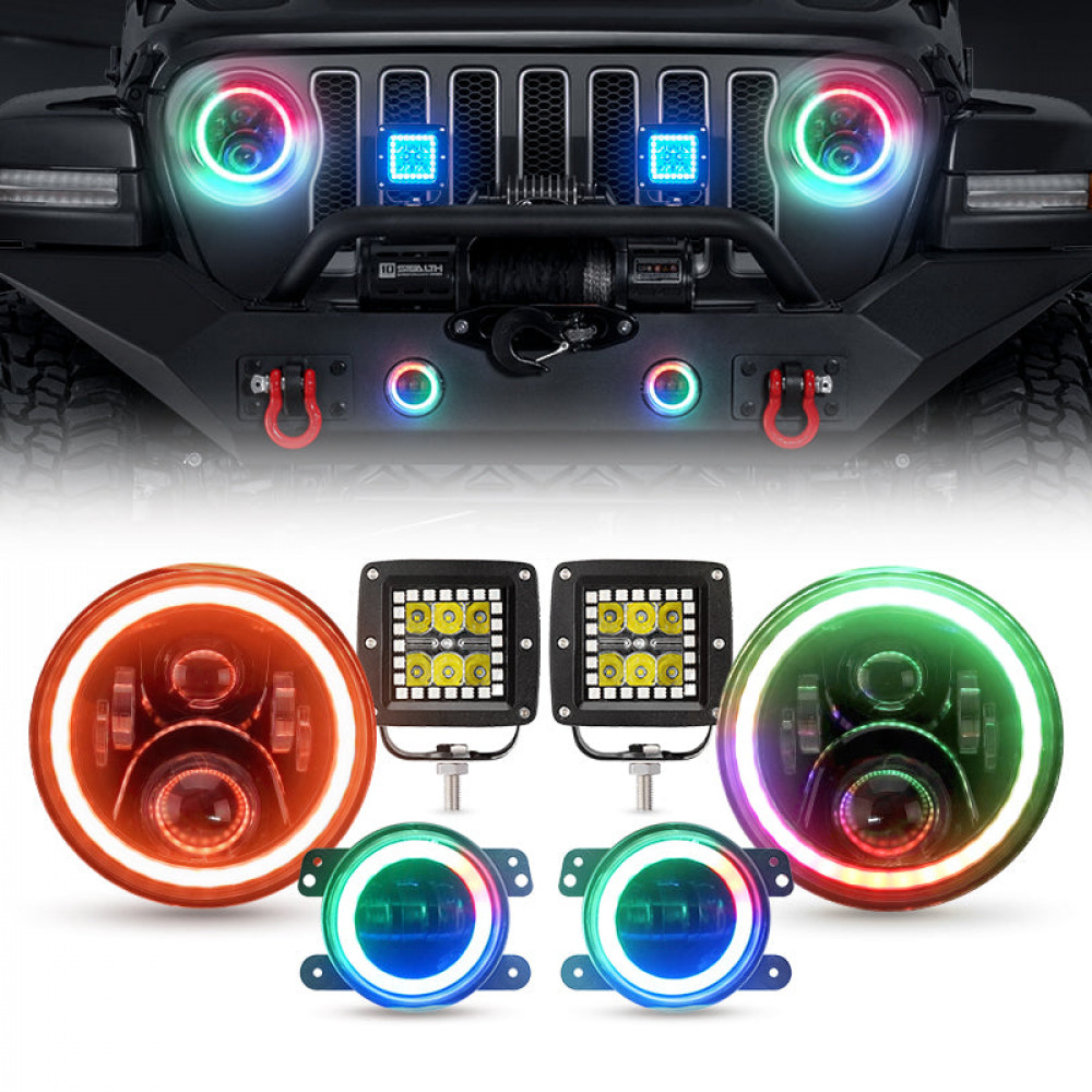 led rgb changing headlights + rgb fog lights + rgb work lights combo ...