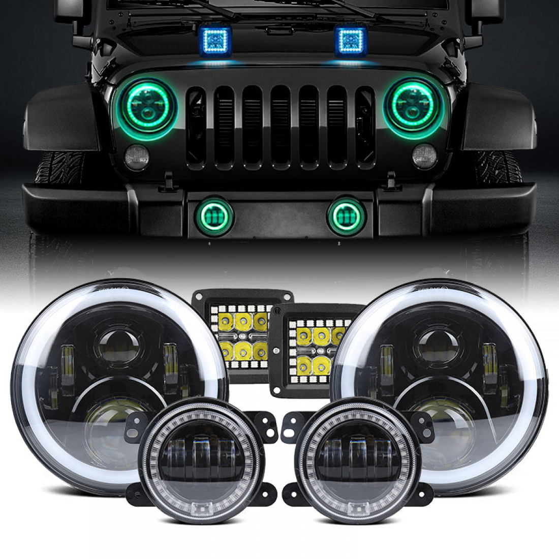 led rgb changing headlights + rgb fog lights + rgb work lights combo ...