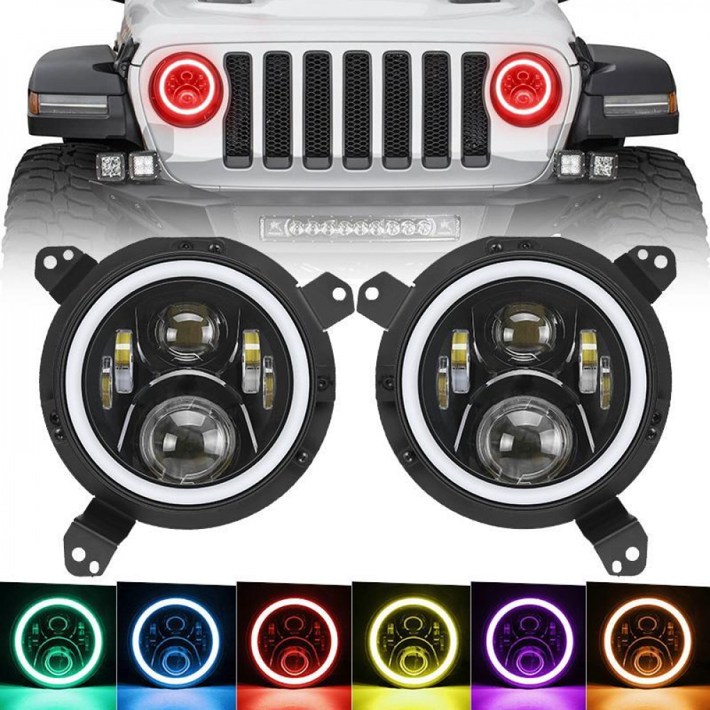 7" led rgb headlight with halo drl + 9'' led headlight bracket ring for ...